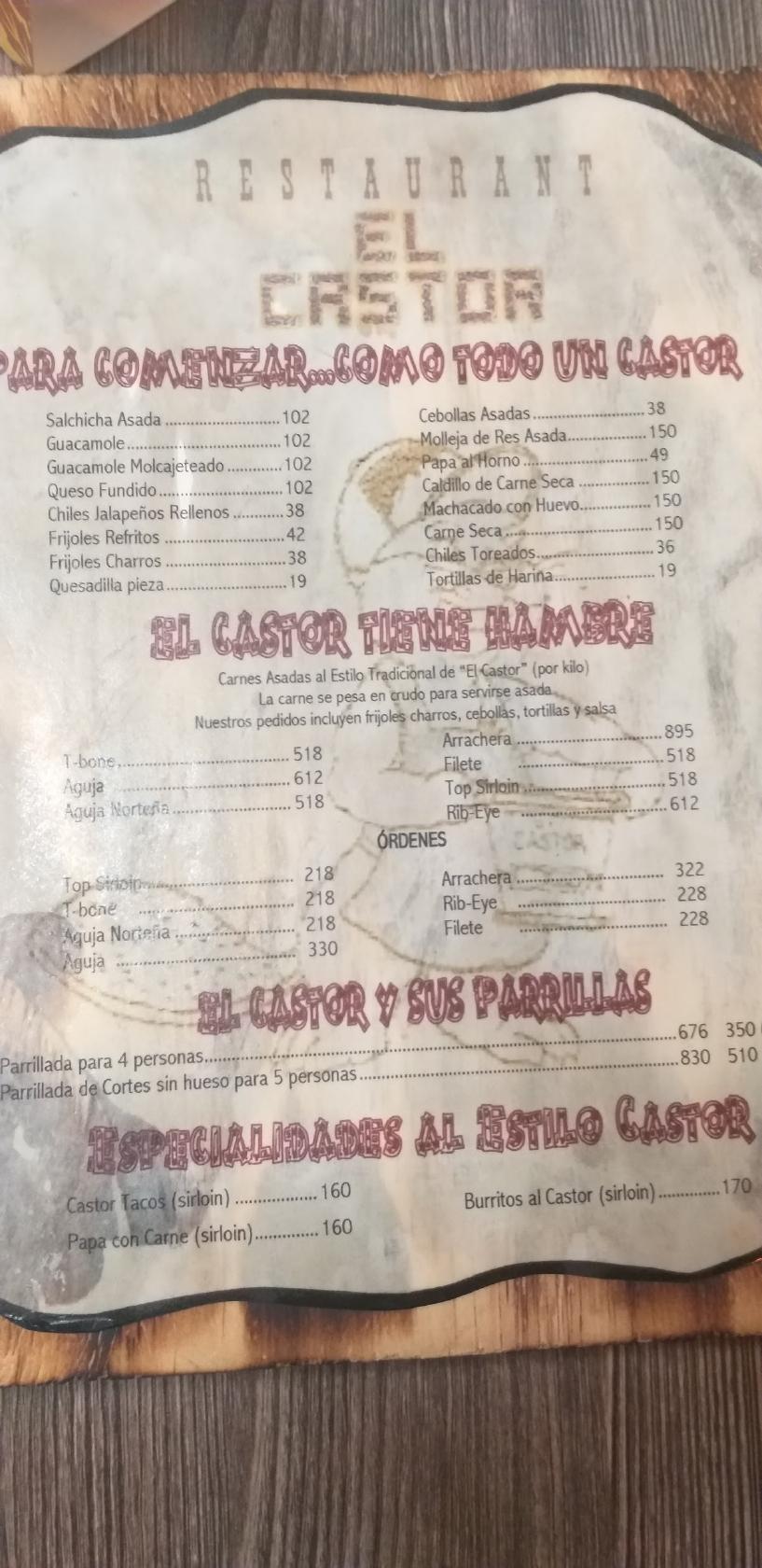 Carta del restaurante El Castor Valle, San Pedro Garza García