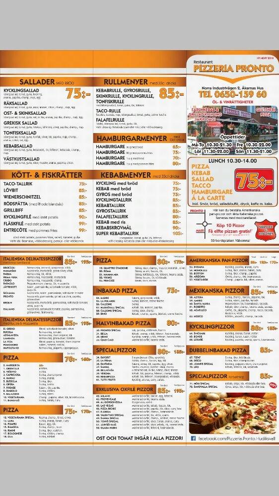 Menu at Pronto Pizzeria, Hudiksvall, Norra Industrivägen 2