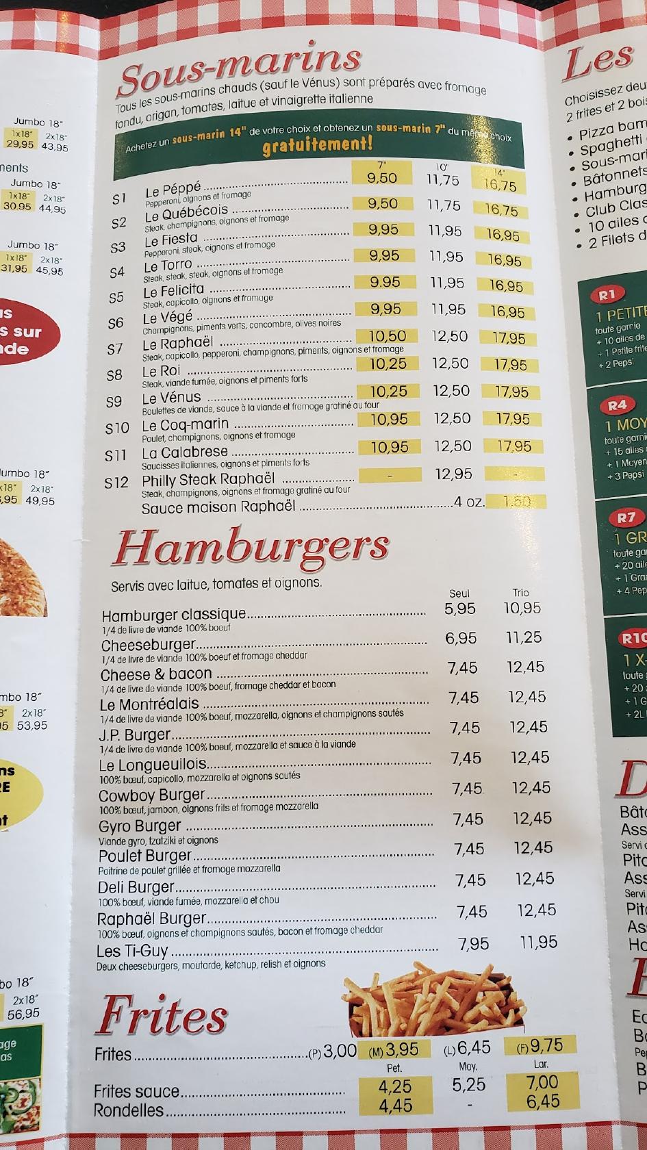 Menu at Raphael Pizzeria, Longueuil, Ch. de Chambly