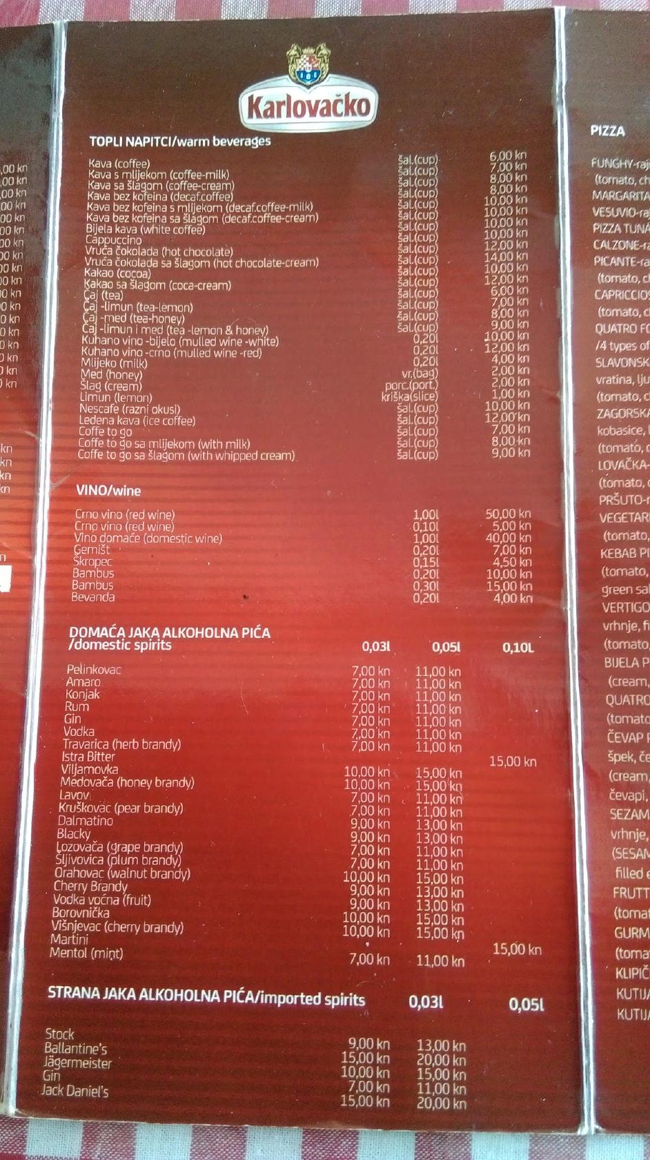 Menu at Restoran "Vertigo" restaurant, Zlatar Bistrica
