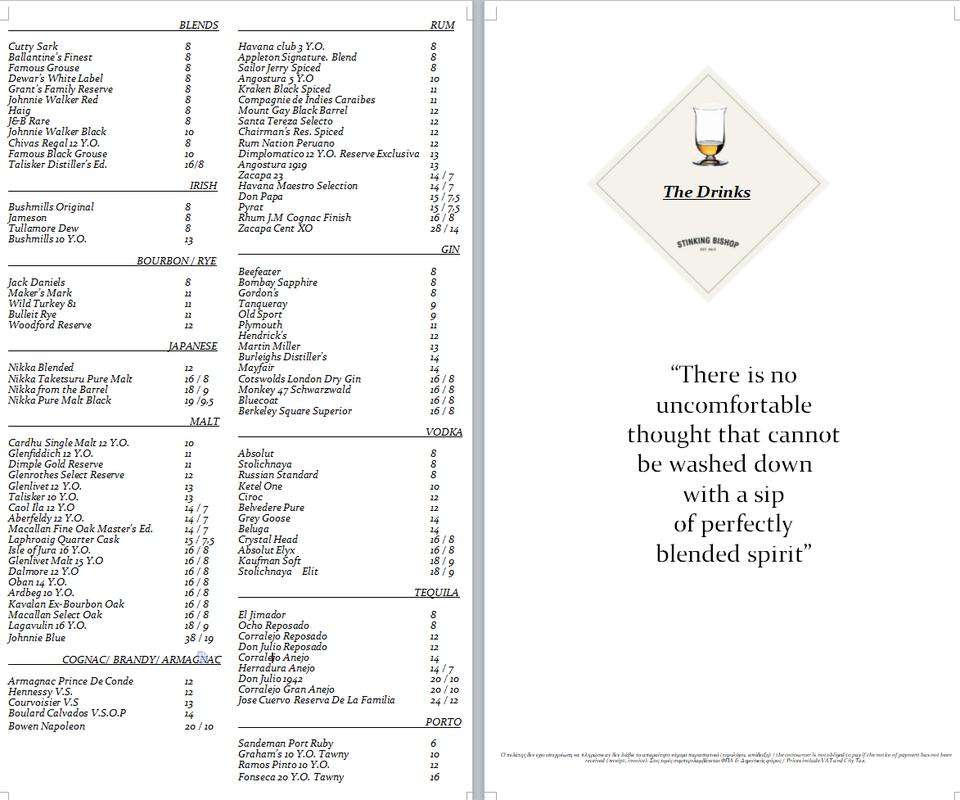Menu at Stinking Bishop, Athens