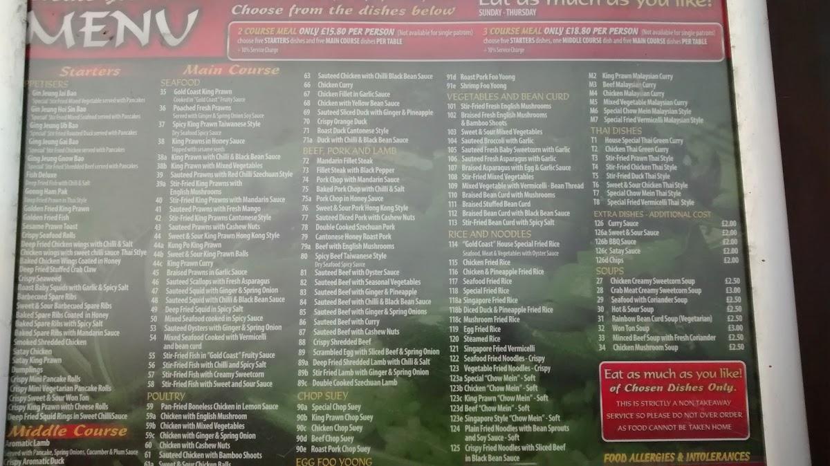 Menu at The Gold Coast Restaurant, Southend-on-Sea
