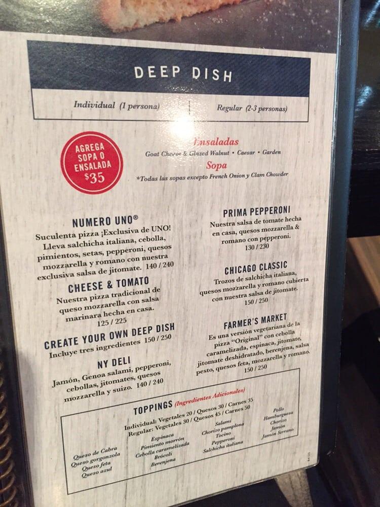 Menu at Uno pizzeria, Mexico City, Av. Horacio 218
