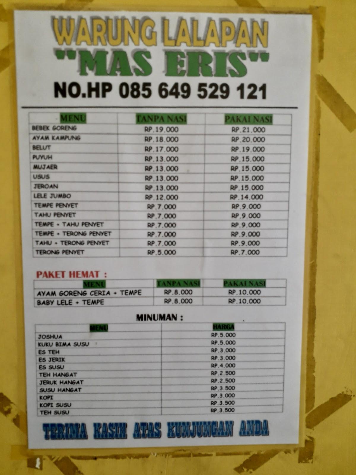 Menu at Warung Lalapan Mas Eris restaurant, Malang