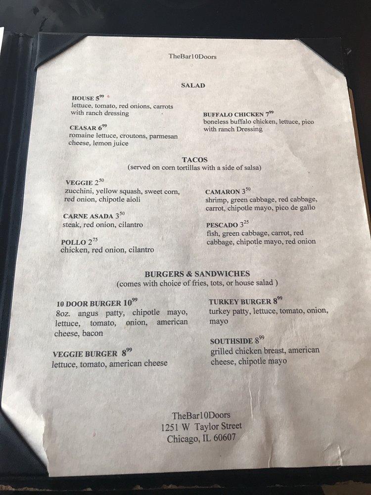 Menu at THE BAR 10 DOORS, Chicago, W Taylor St