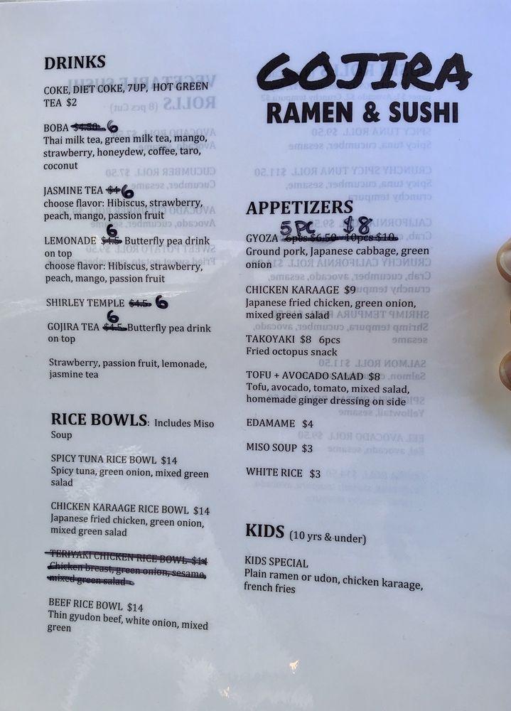 Menu at GOJIRA Ramen & Sushi restaurant, Mammoth Lakes