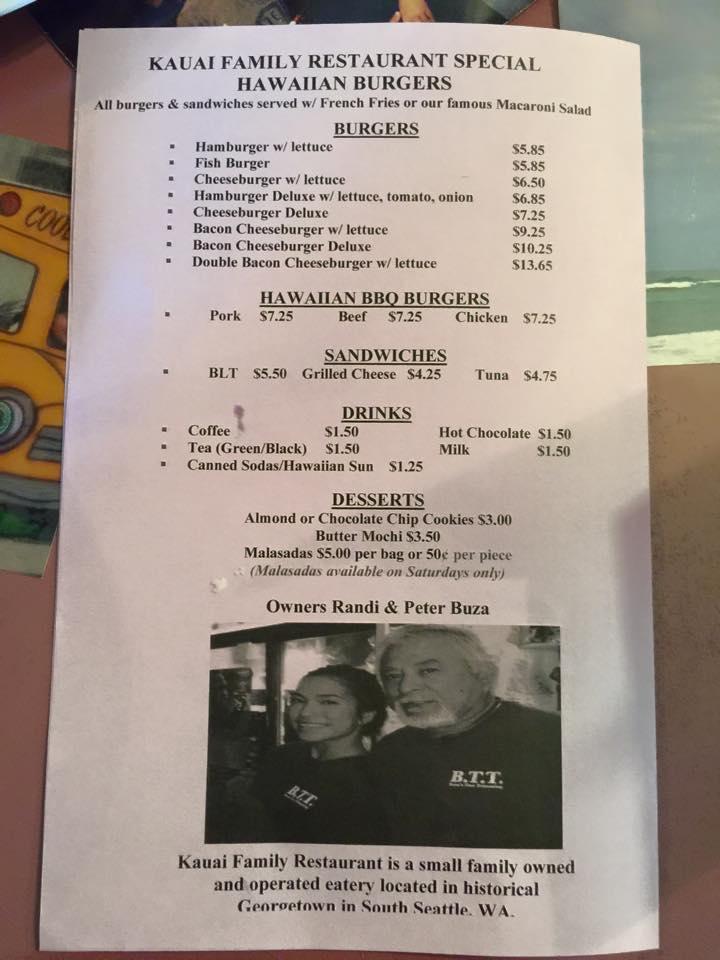 Menu at Kauai Family Restaurant, Seattle