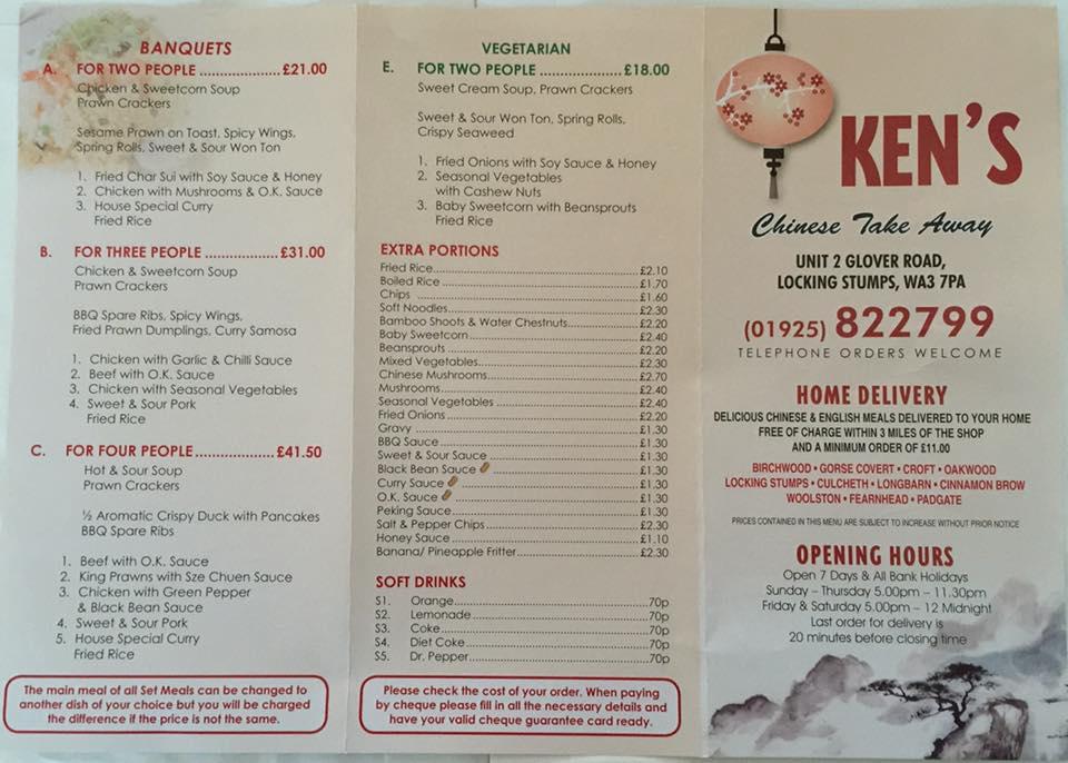 Menu at Ken's Chinese Takeaway restaurant, Birchwood