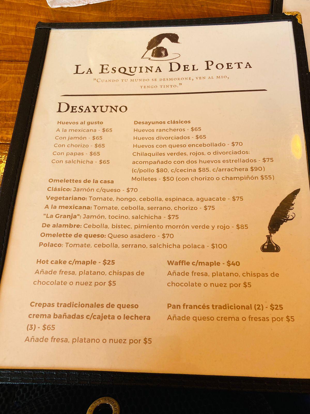 Menu at La Esquina Del Poeta restaurant, Venado