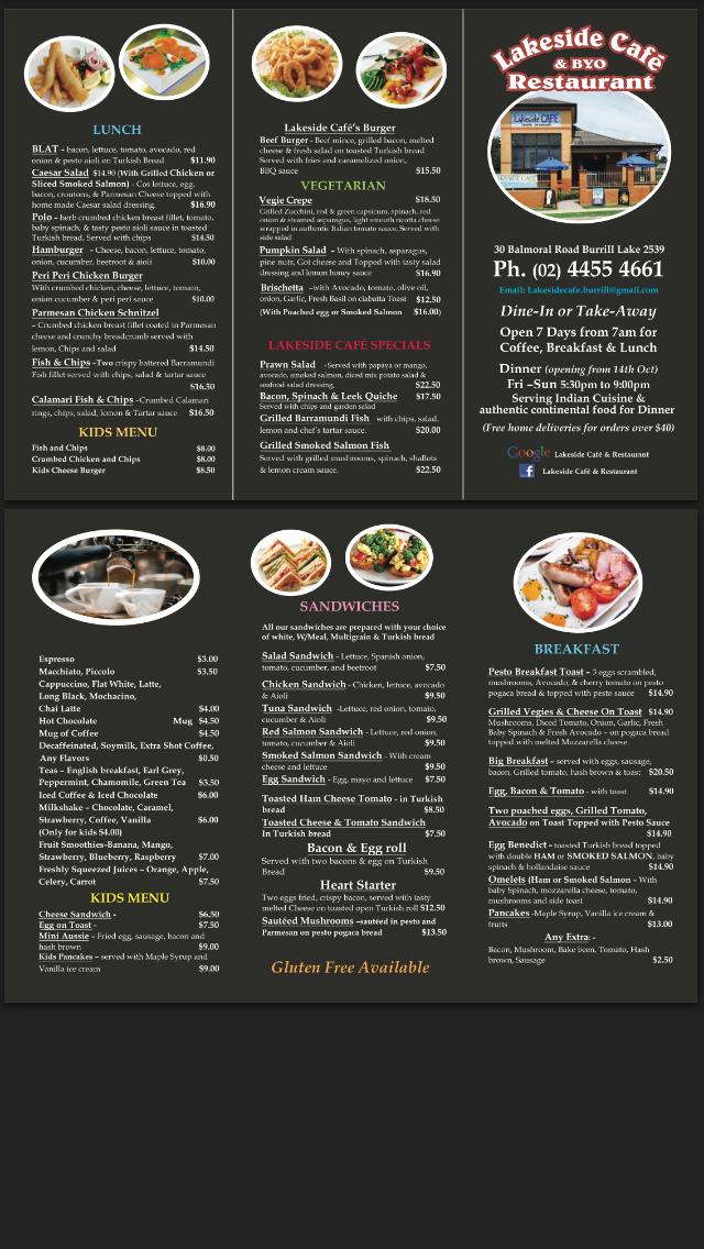 Menu at Lakeside Cafe & Restaurant @ burrill, Burrill Lake