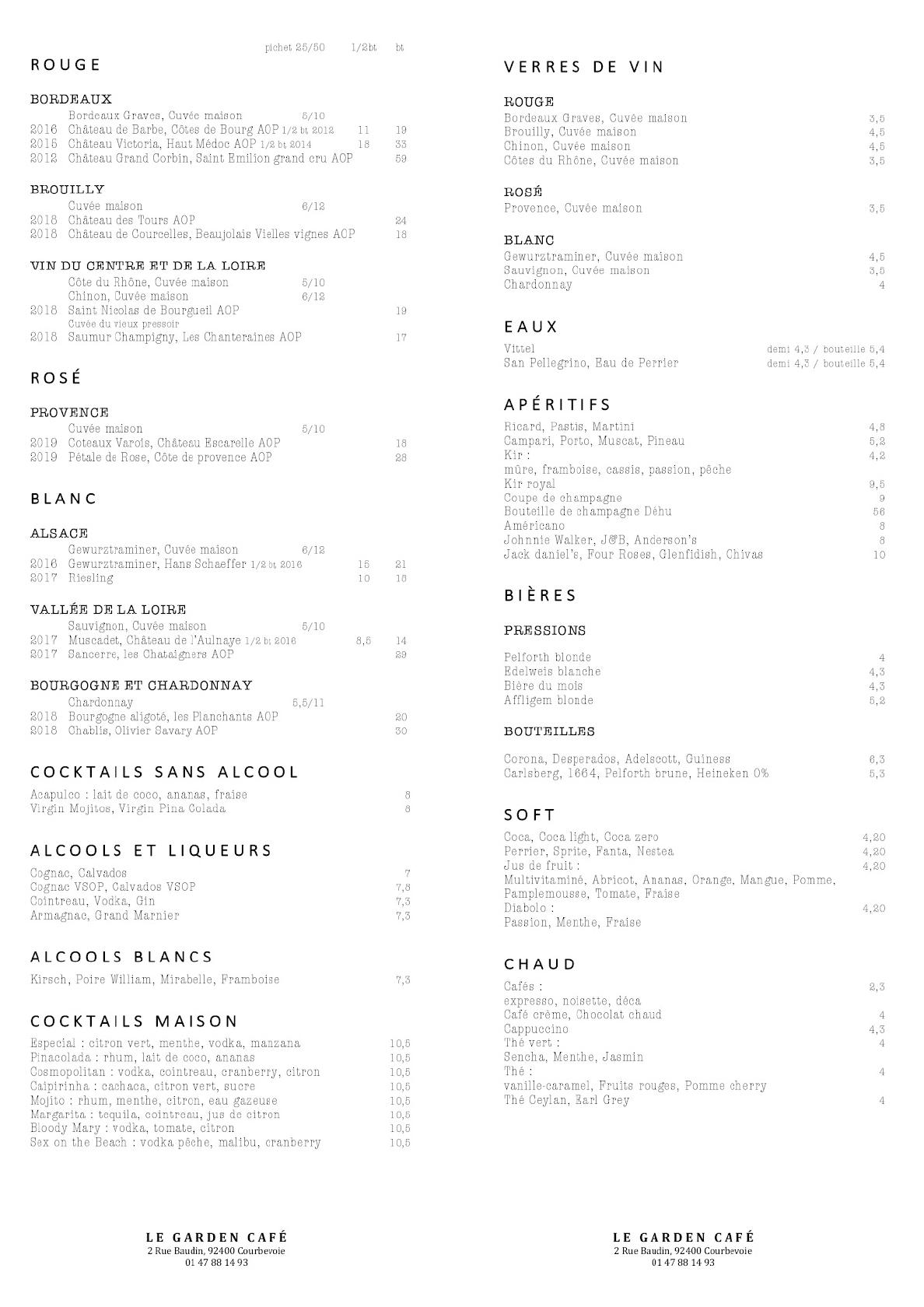 Menu au Le Garden Café, Courbevoie, 2 Rue Baudin