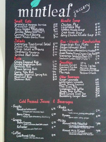 Menu at Mint Leaf Juicery pub & bar, Alameda