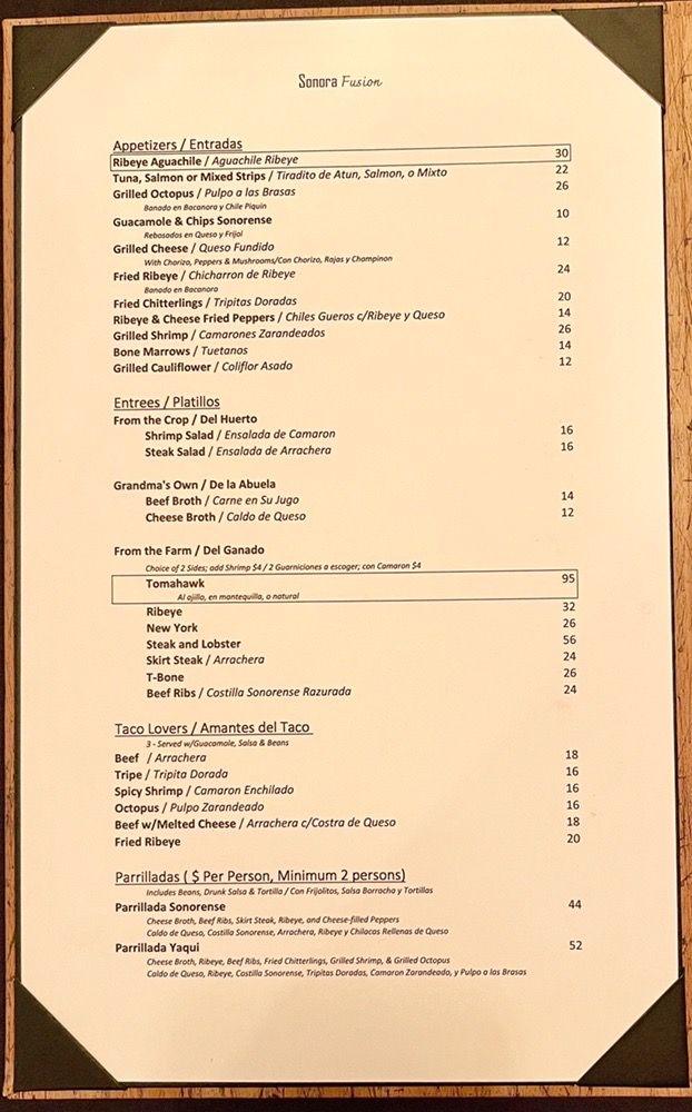 Menu at Sonora Fusion steakhouse, El Centro