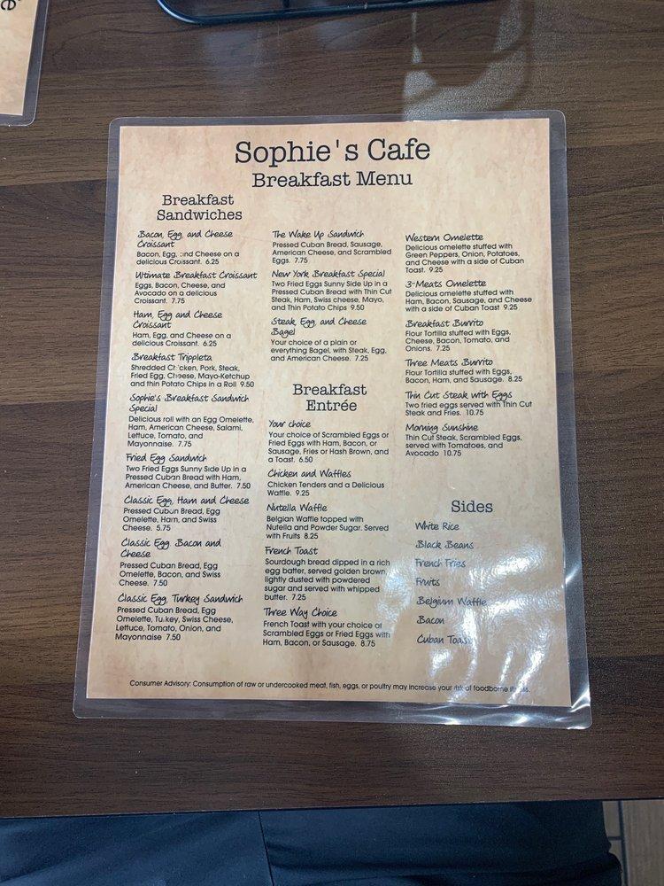 Menu at Sophie’s Cafe, Sebring