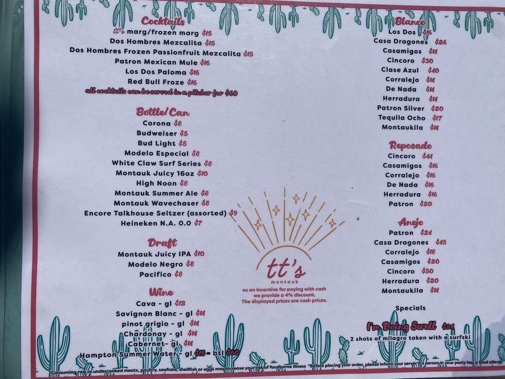 Menu at TT's Montauk restaurant, Montauk