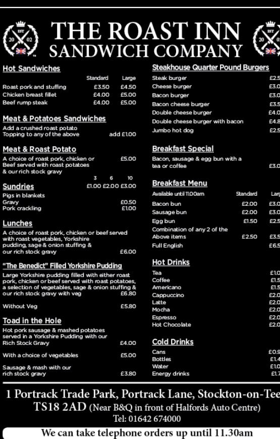 Menu at The Roast Inn Sandwich Company restaurant, Stockton-on-Tees
