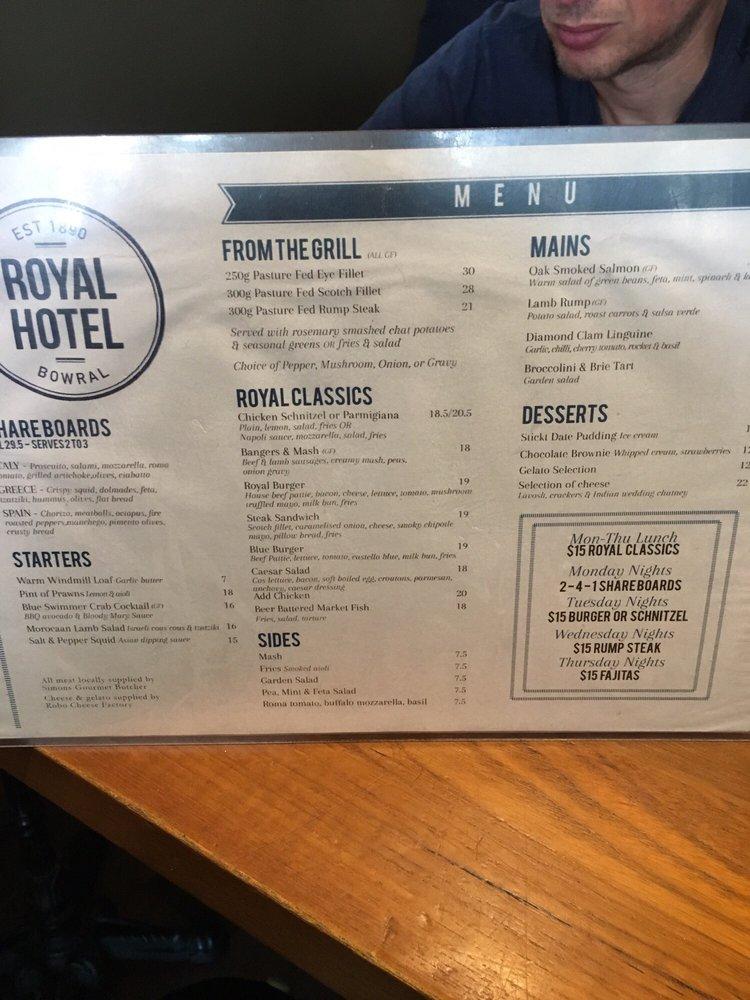 Menu at The Royal Hotel Bowral restaurant, Bowral, 255 Bong Bong St