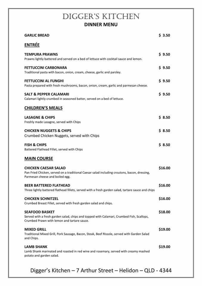 Carta del restaurante Digger's Kitchen, Helidon