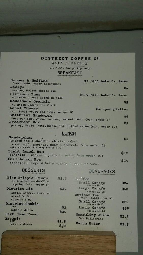 Menu at District Café & Bakery, Edmonton