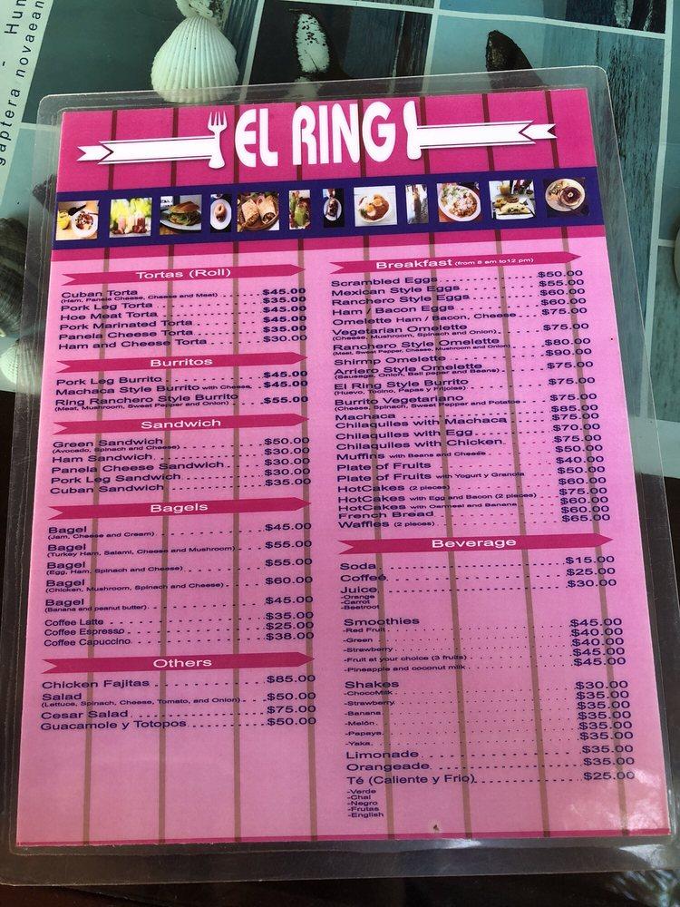 Menu at El Ring, La Cruz de Huanacaxtle
