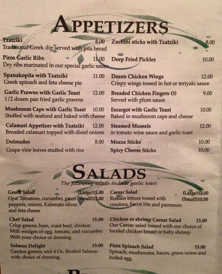 Menu at Piros Family Restaurant, Sundre