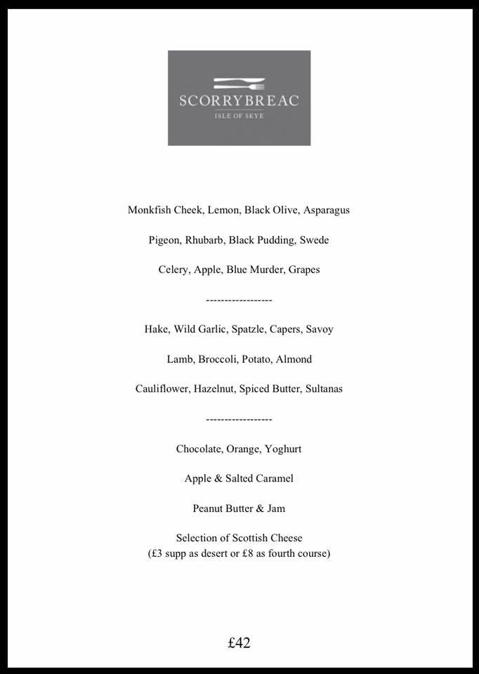 Menu at Scorrybreac Restaurant, Portree