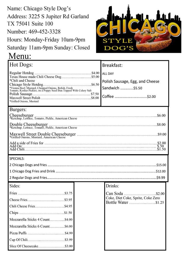 Menu at Chicago Style Dog's restaurant, Garland