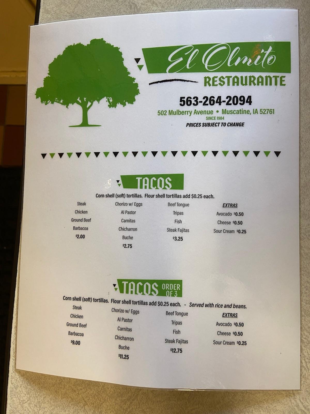 Menu at El Olmito Mexican Grocery restaurant, Muscatine