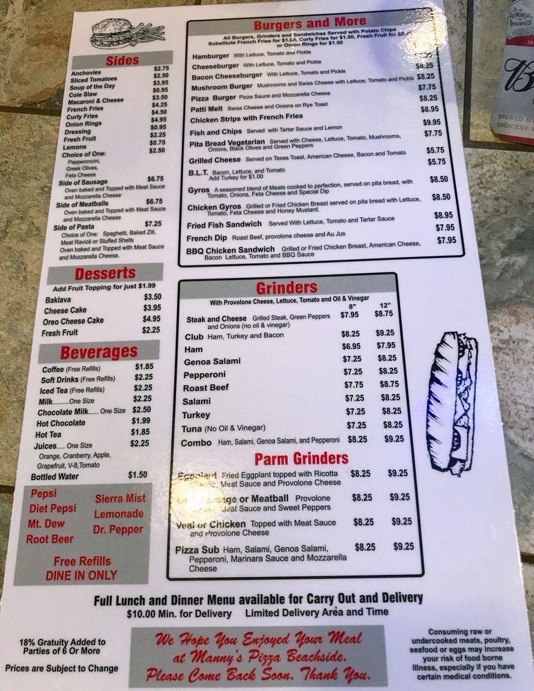 Menu at Manny's Pizza Beachside pizzeria, New Smyrna Beach