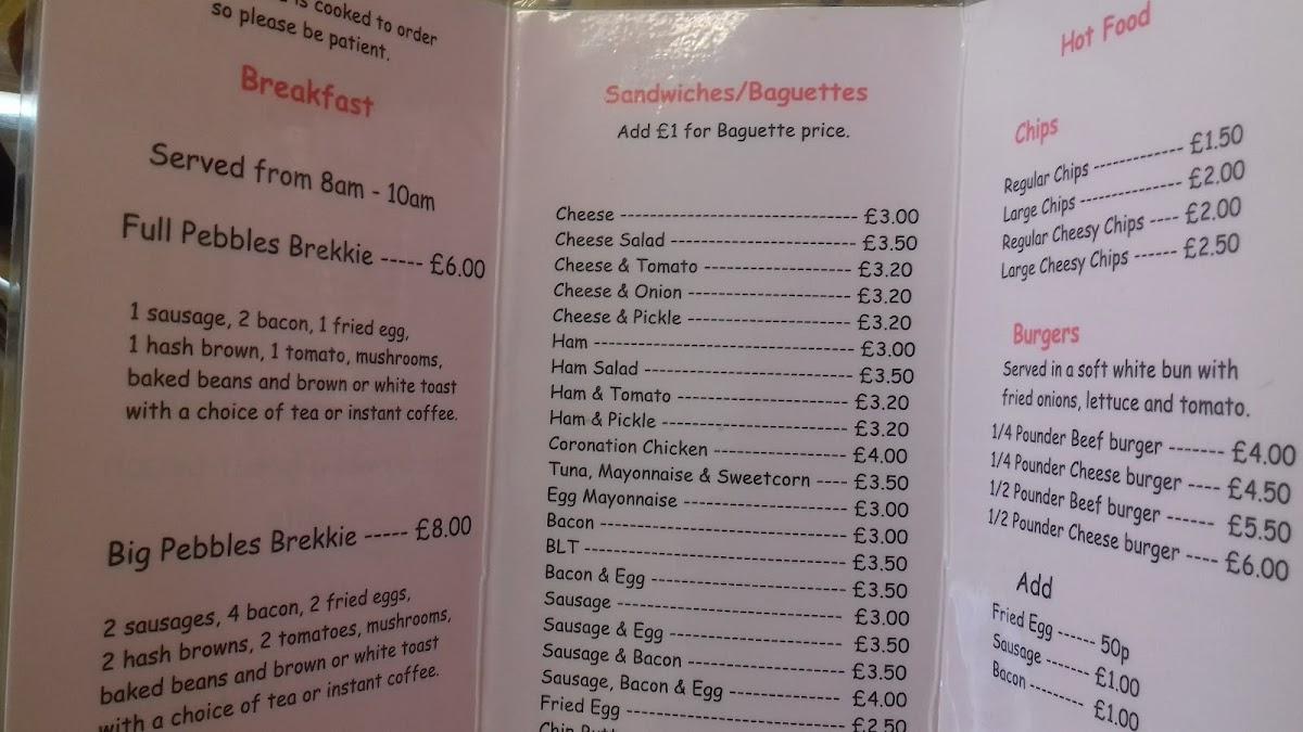 Menu at Pebbles cafe, Sandown