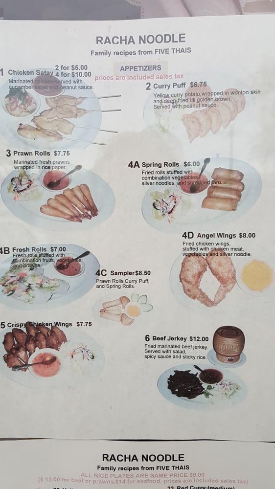 Menu at Racha Noodle restaurant, Redding