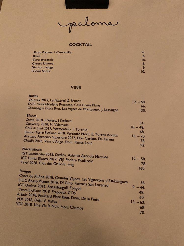 Menu at Restaurant Paloma, Montréal
