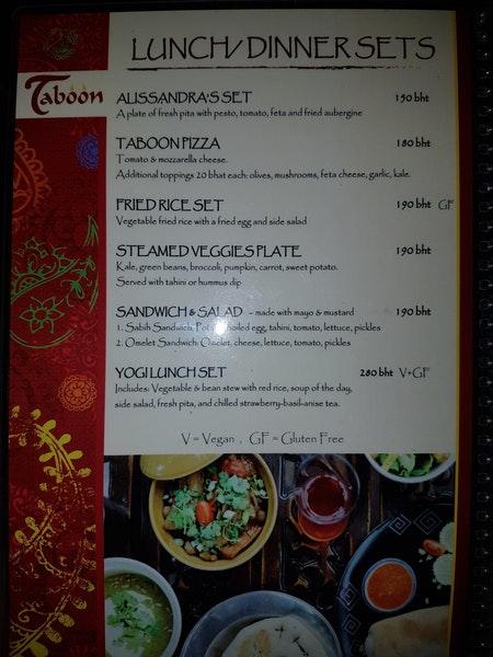 Menu at Taboon restaurant, Ko Pha-ngan