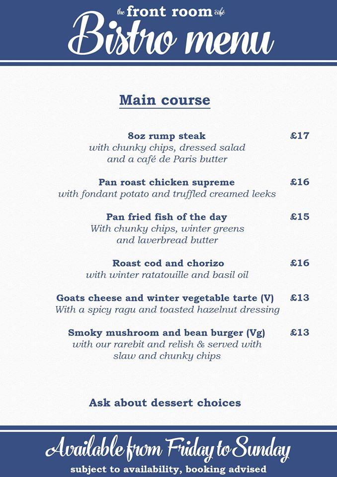 Menu at Front Room cafe, The Mumbles
