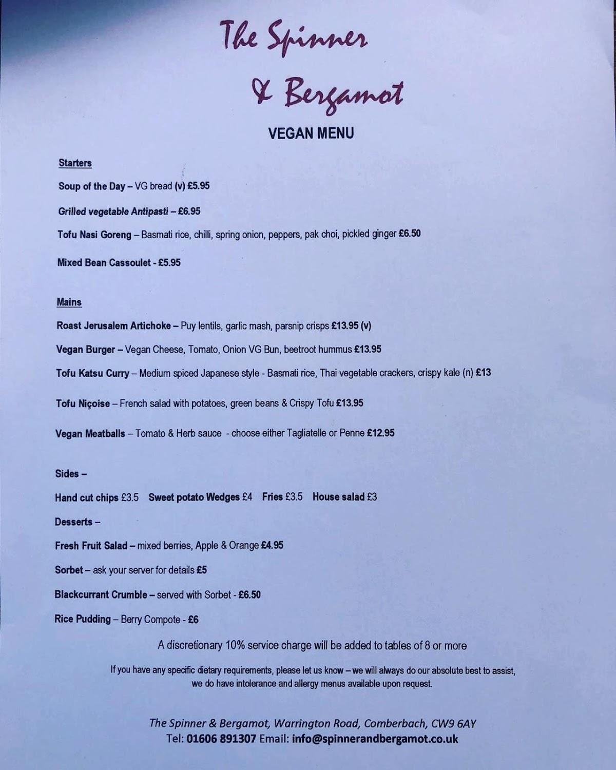 Menu at The Spinner & Bergamot pub & bar, Northwich