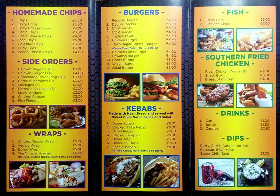Menu at Villagers Takeaway clonbullogue restaurant, Banagher
