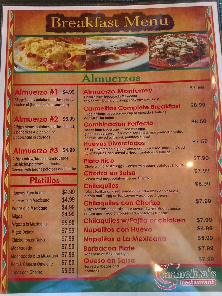 Menu at Carmelitas restaurant., Pharr
