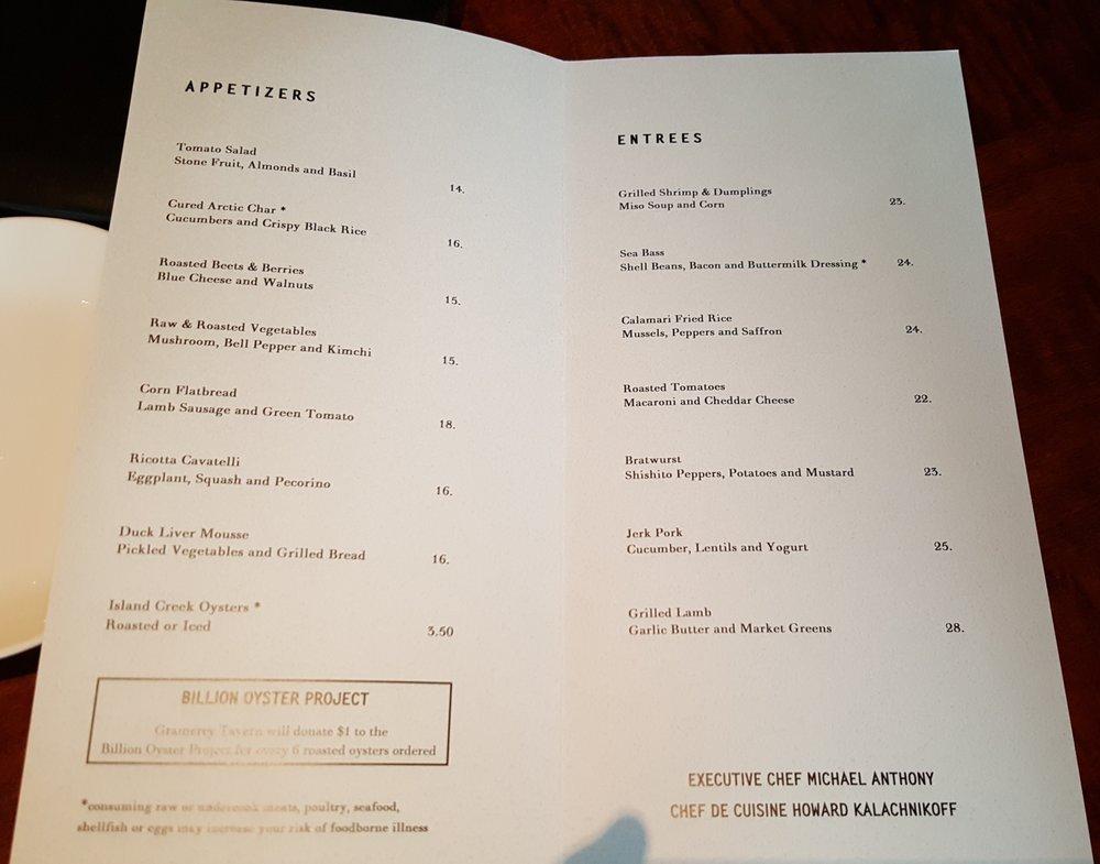 Menu at Gramercy Tavern pub & bar, New York City, 42 E 20th St