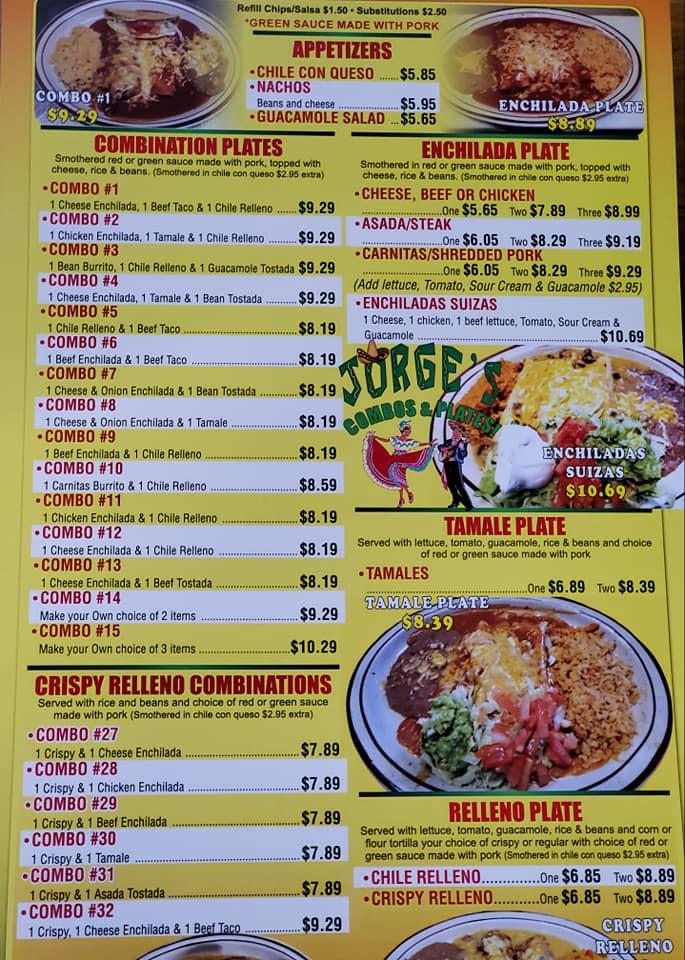 Menu at Jorge's Cafe, Ruidoso Downs, US-70