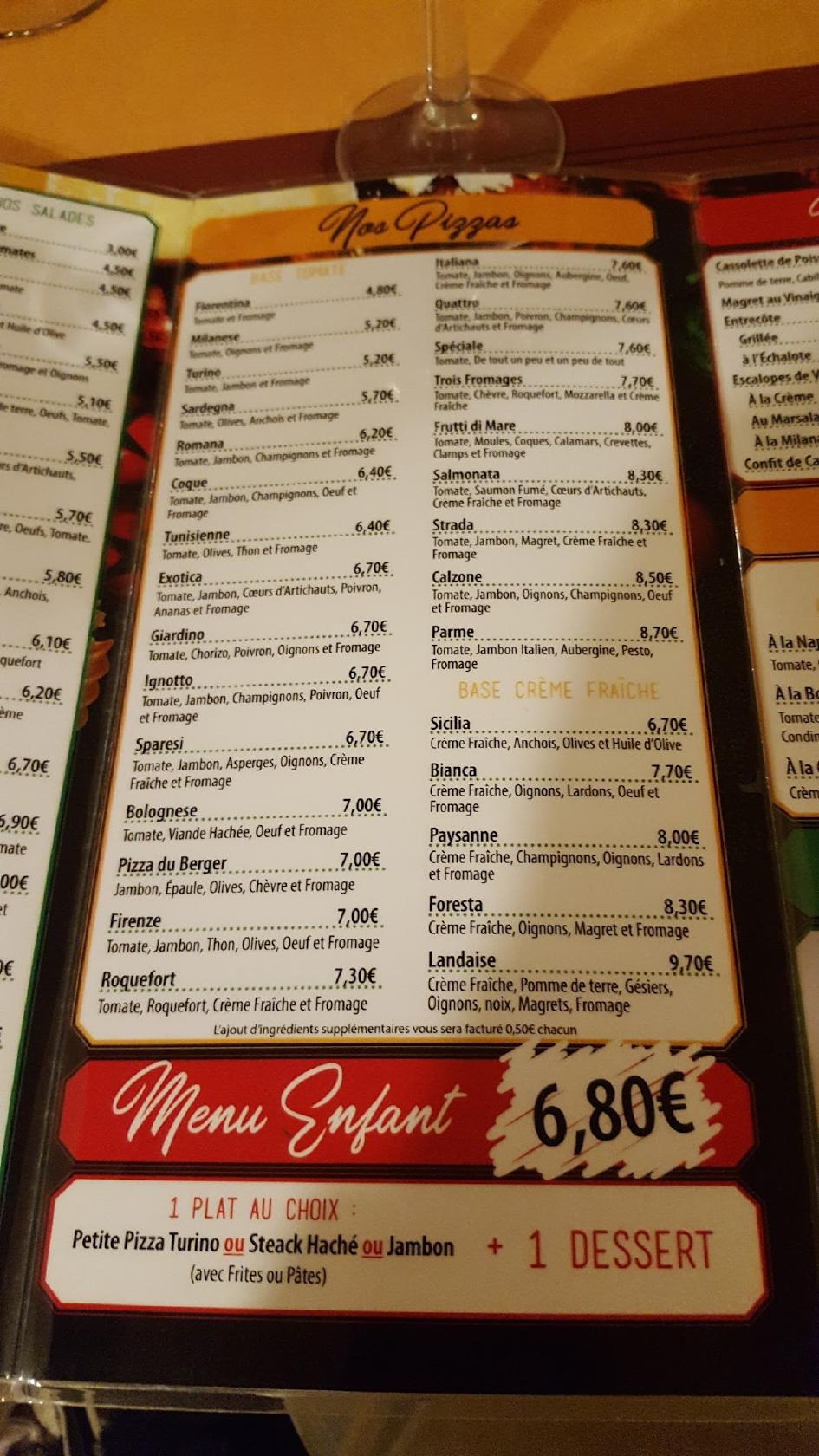 Menu au La Strada pizzeria, La Réole