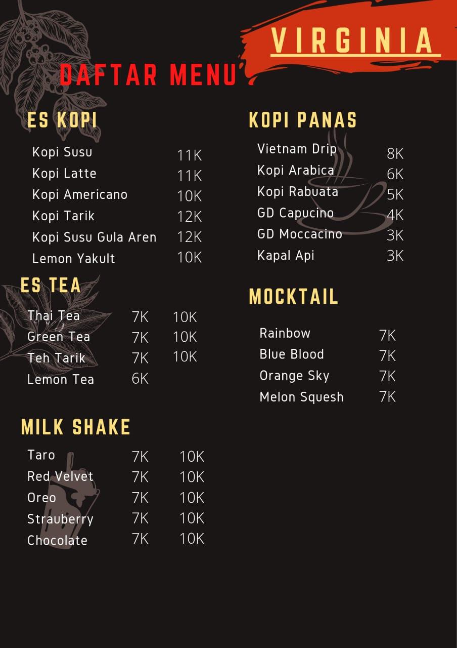 Menu at Virginia coffee, Indonesia