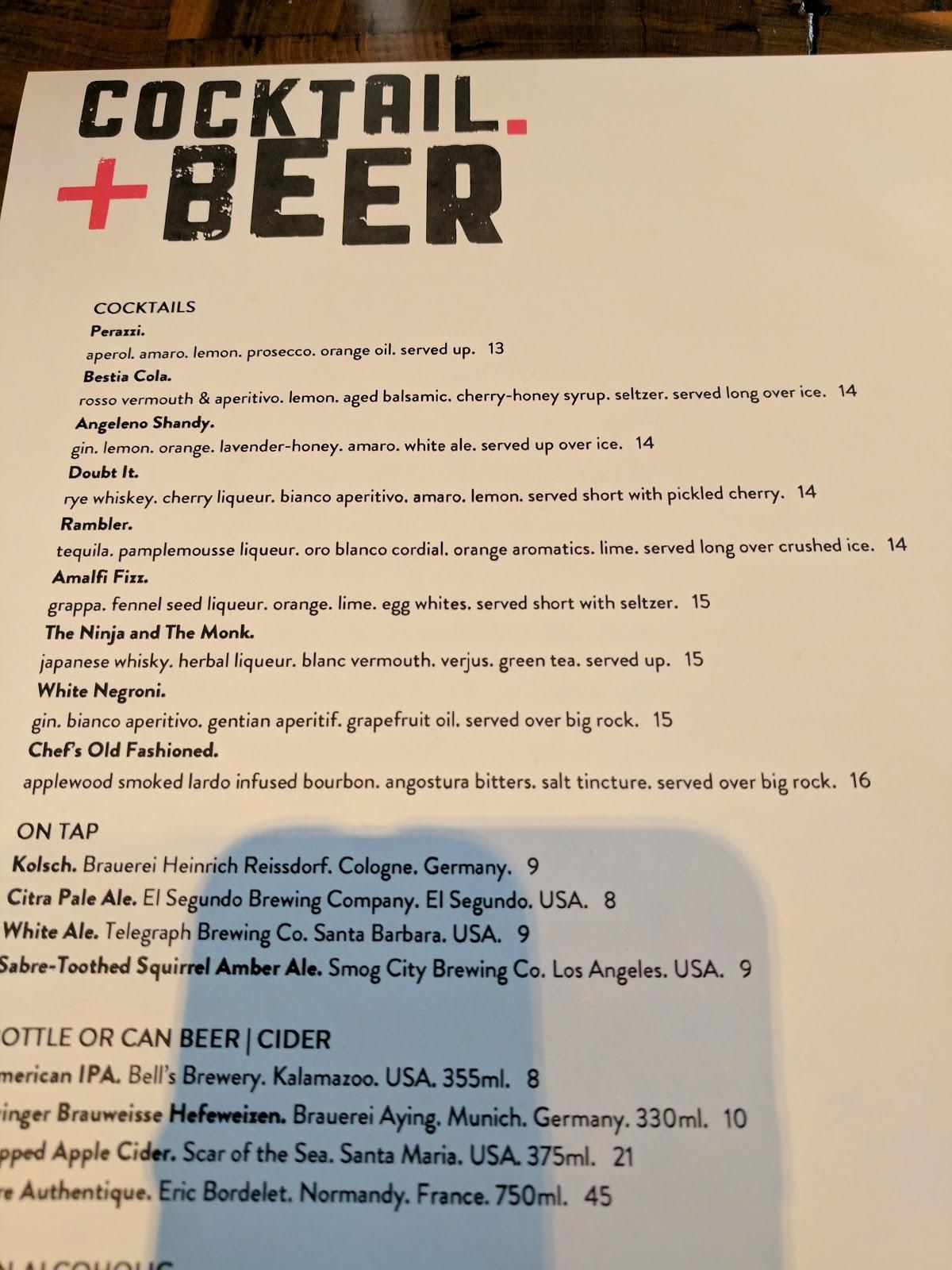Menu at Bestia pub & bar, Los Angeles