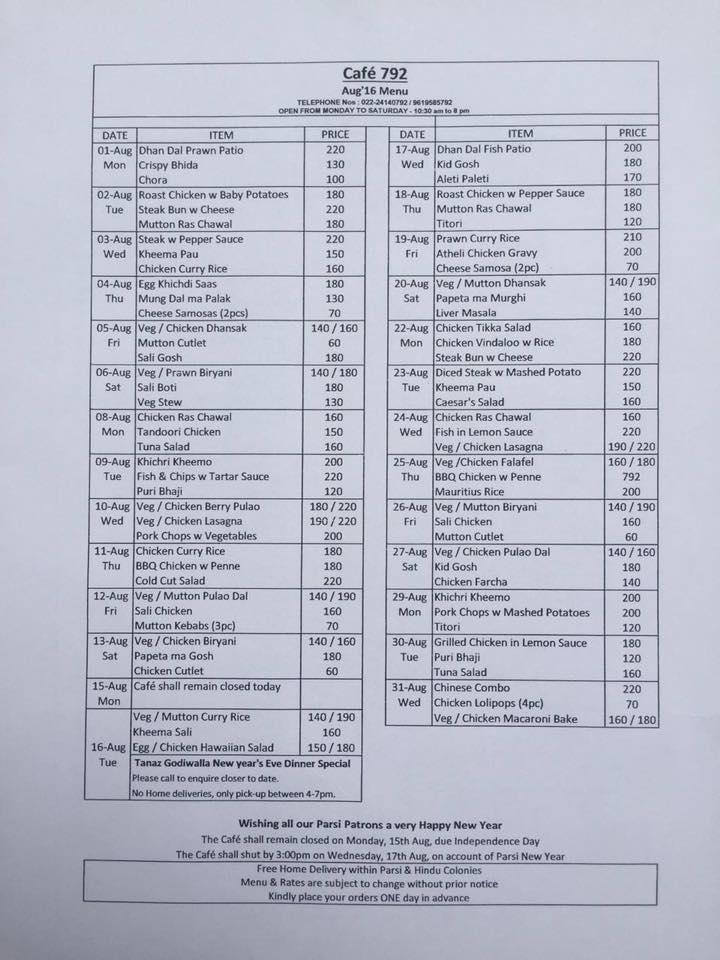 Menu at Café 792, Mumbai