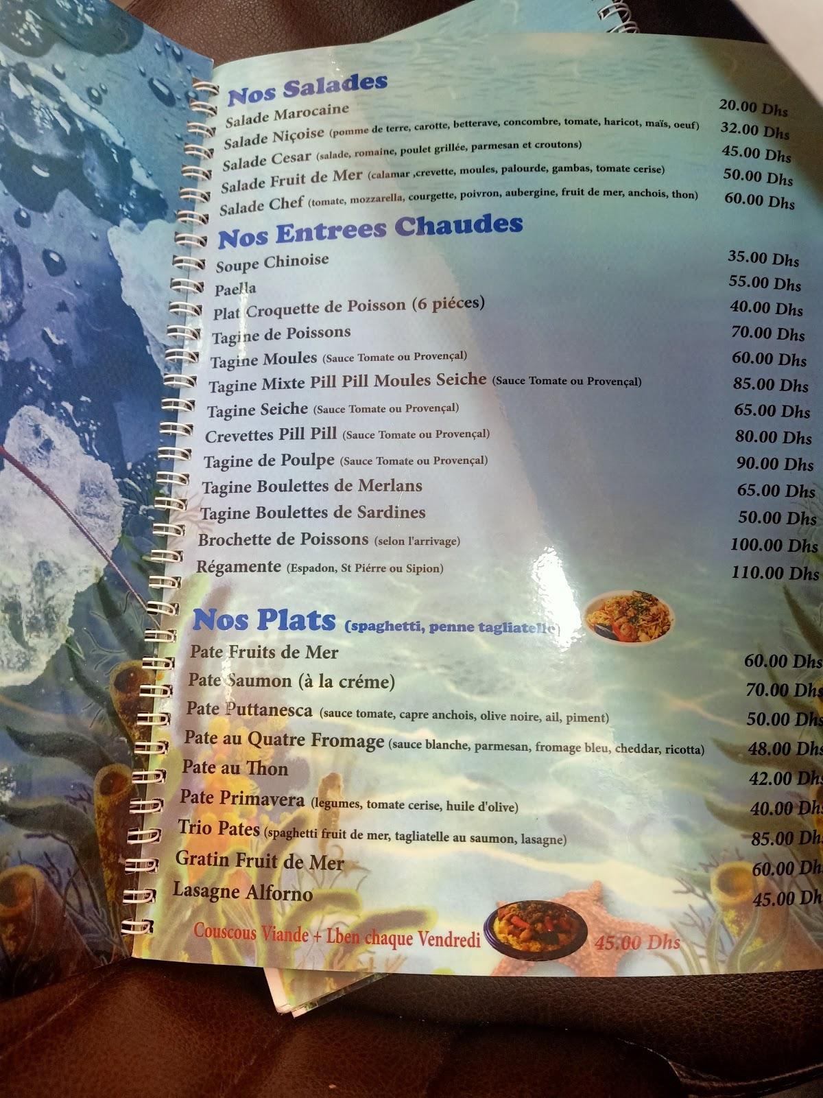 Menu at Candy fish restaurant, Casablanca