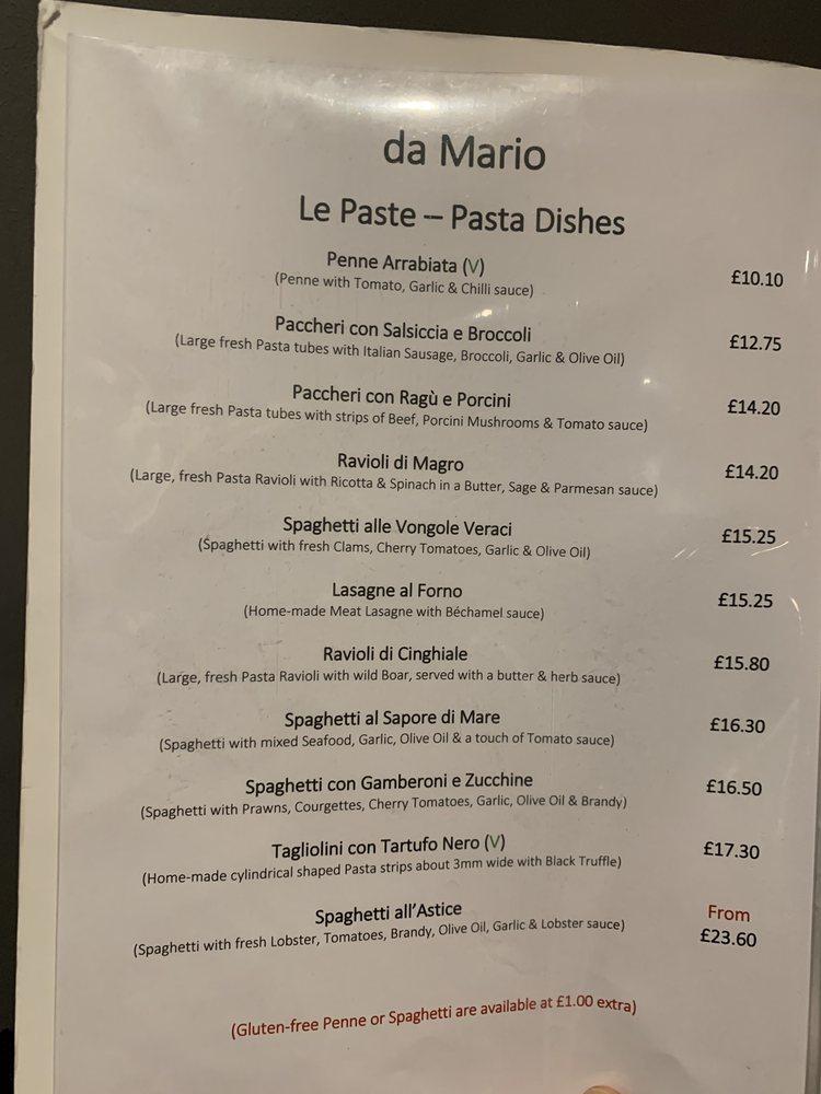 Menu at Da Mario Covent Garden restaurant, London, 63 Endell St