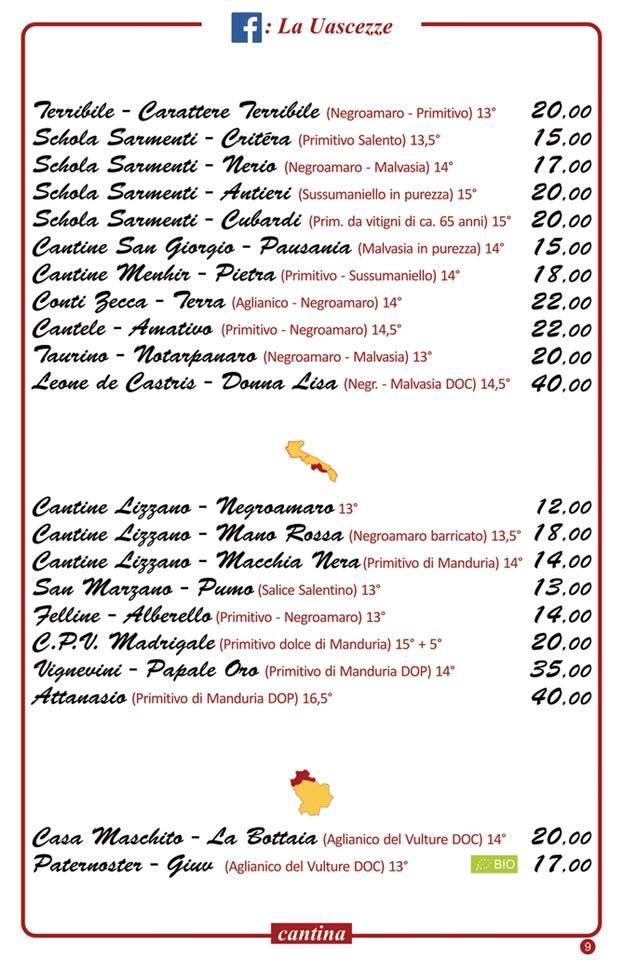 Menu at La Uascezze restaurant, Bari, Corte S.Agostino