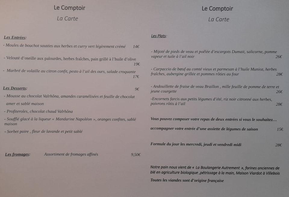 Menu au Le Comptoir restaurant, Sault-Brénaz