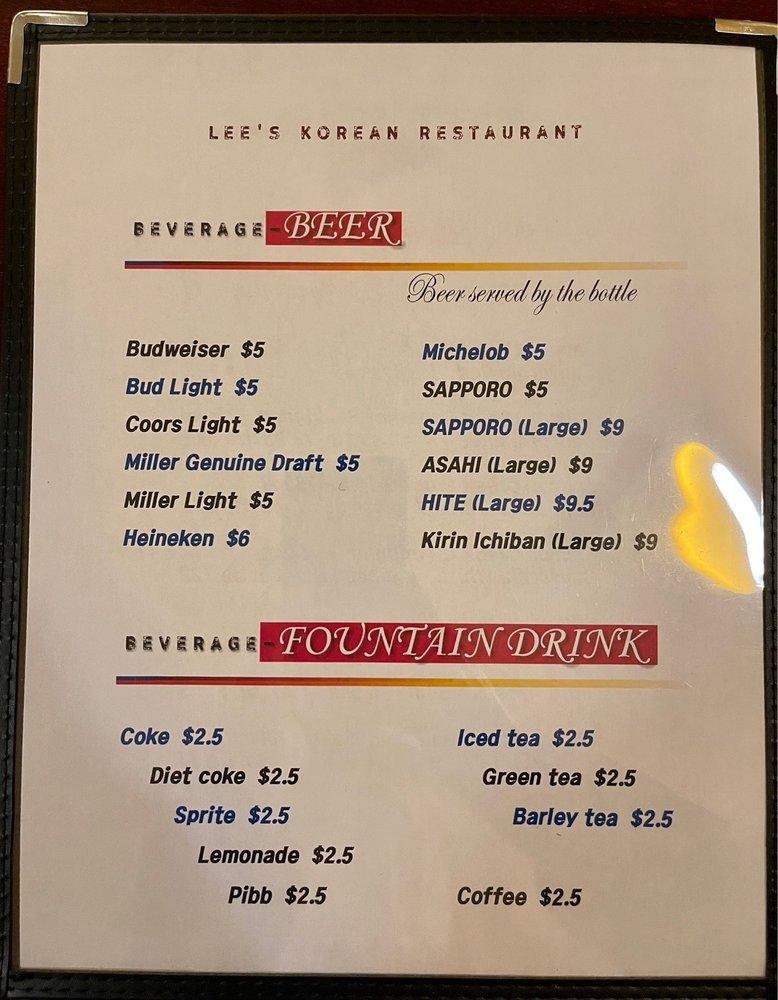 Menu at Lee's Korean Restaurant, Louisville