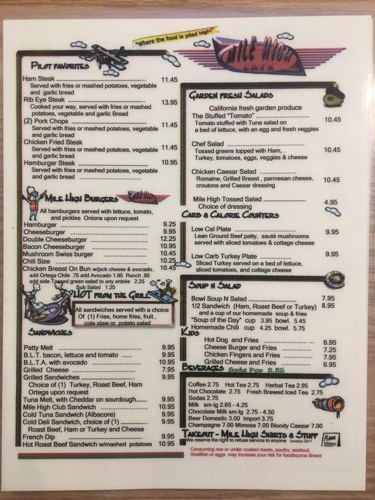 Menu at Mile High Cafe, Hesperia, Orange St
