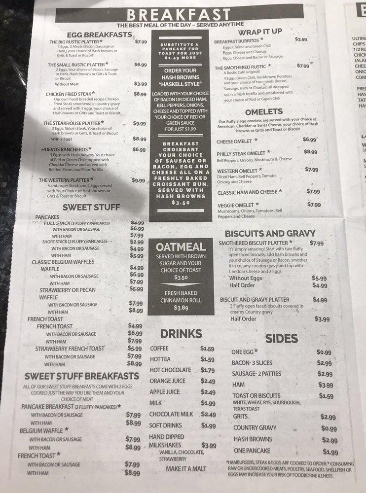 Menu at Rustic Café restaurant, Haskell